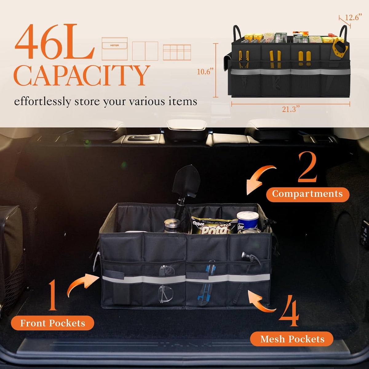 HOTOR Foldable Trunk Organizer - SUV, Sedan & Van Compatible, Sturdy B